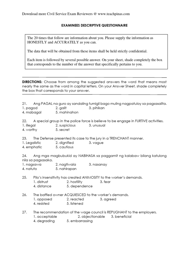 Examinees Descriptive Questionnaire | PDF | Career & Growth