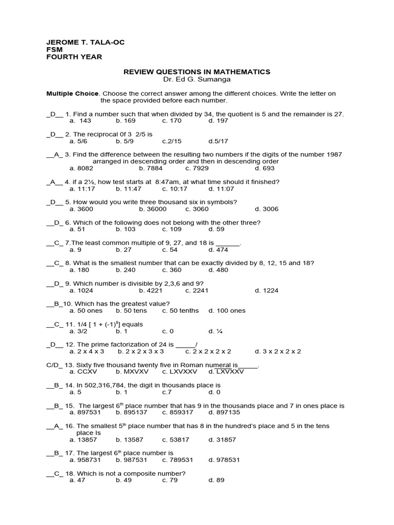 Review Questions Math | PDF | Numbers | Elementary Mathematics