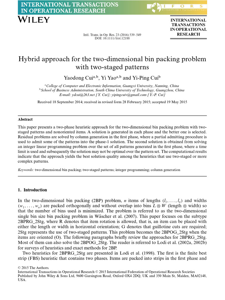 2016 Hybrid Approach For The Two-Dimensional Bin Packing Problem | PDF ...