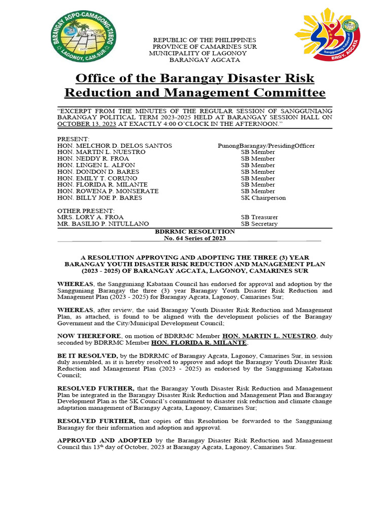 SB BYDRRMP Reso. | PDF | Government