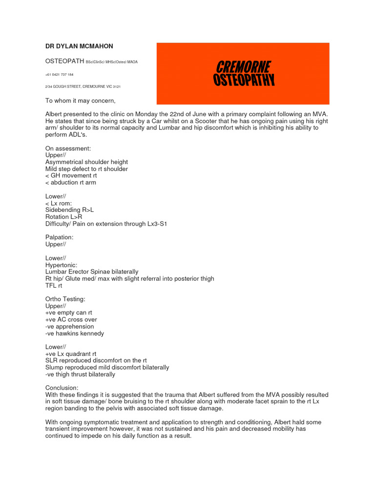 Osteopathic Assessment Post-MVA Injury | PDF | Wellness | Technology ...