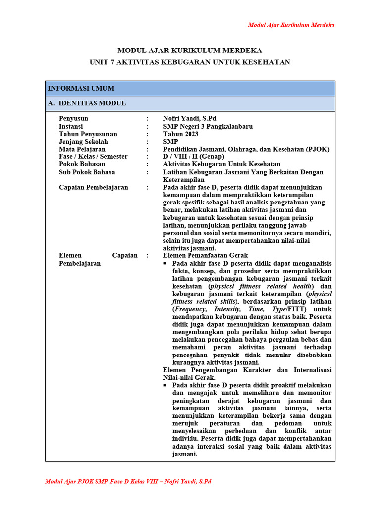 Modul Ajar 9 Kebugaran Jasmani | PDF