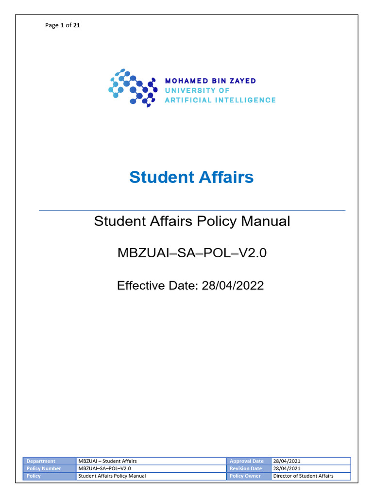 MBZUAI Student Affairs Policy Manual | PDF | Graduate Record ...