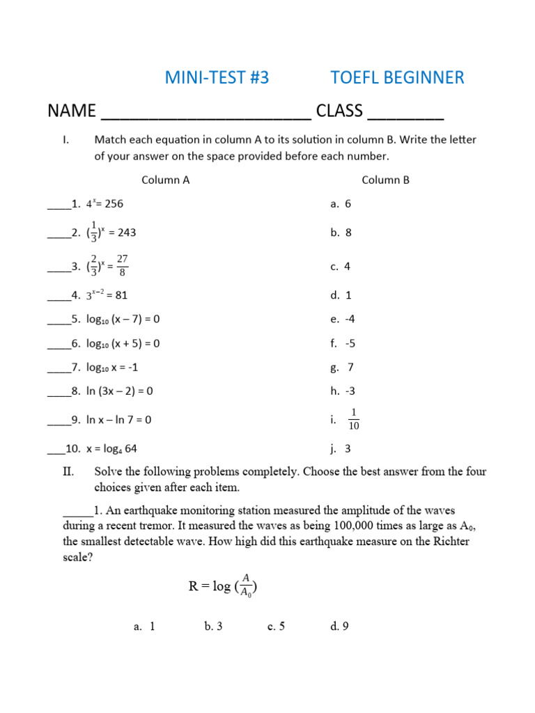 TB - Mini-Test#3 - Exponential & Logarithmic Equations | Download Free ...