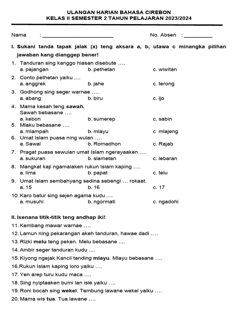 Ulangan Harian Bahasa Cirebon | PDF