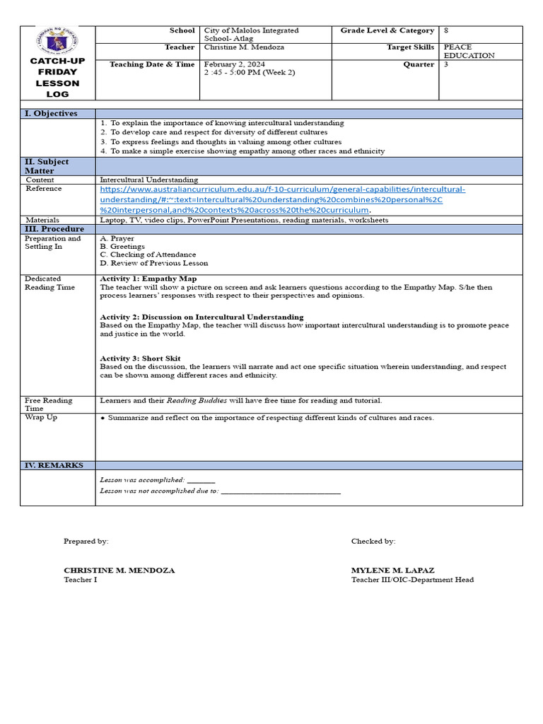 Feb 2 - Week 2 - DLL - Grade 8 - Catch Up Friday - Peace Education ...
