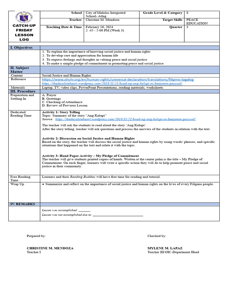 Feb 16 - Week 3 - DLL - Grade 8 - Catch Up Friday - Peace Education | PDF | Human Communication ...