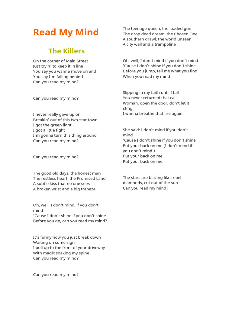 Read My Mind: Lyrics and Themes | PDF | Mystery, Thriller & Crime ...