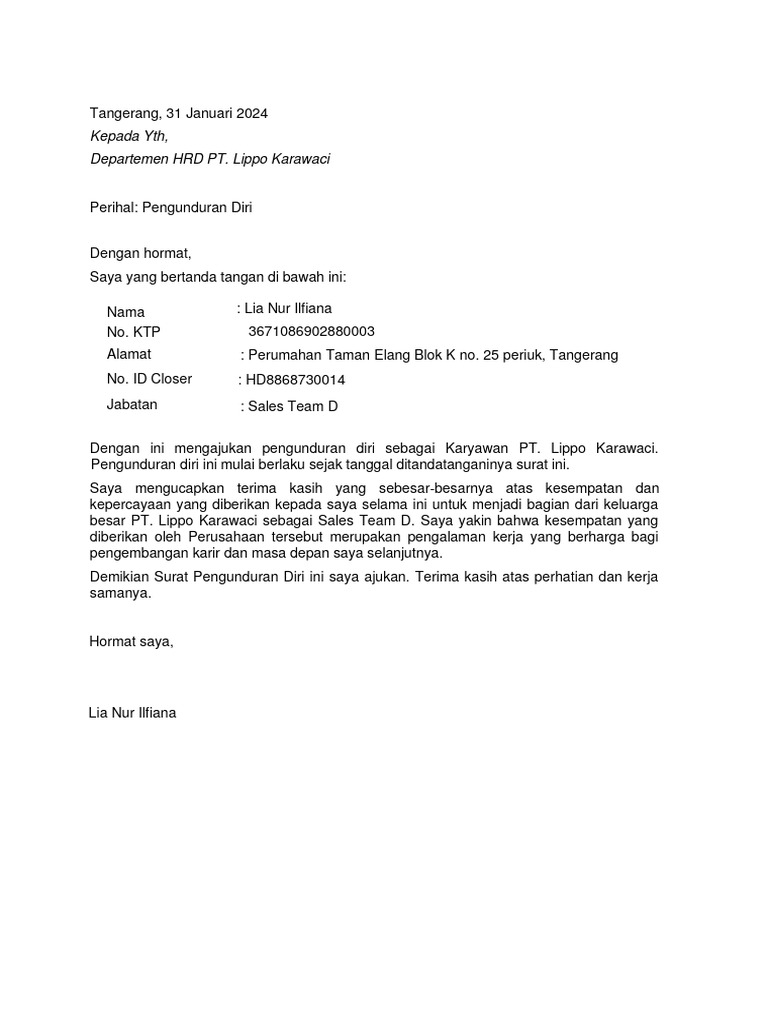 Surat Resign Lia | PDF