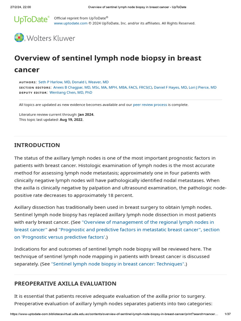 Overview of Sentinel Lymph Node Biopsy in Breast Cancer - UpToDate | Download Free PDF ...