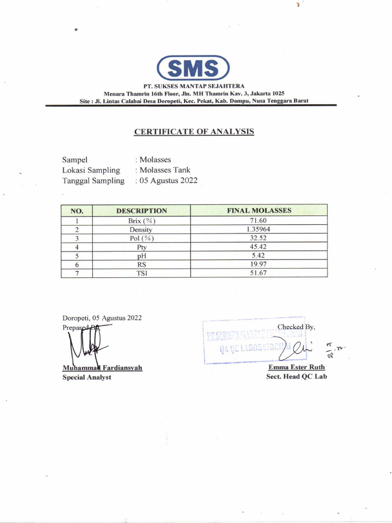 CoA Final Molasses TGL 05-08-2022 | PDF