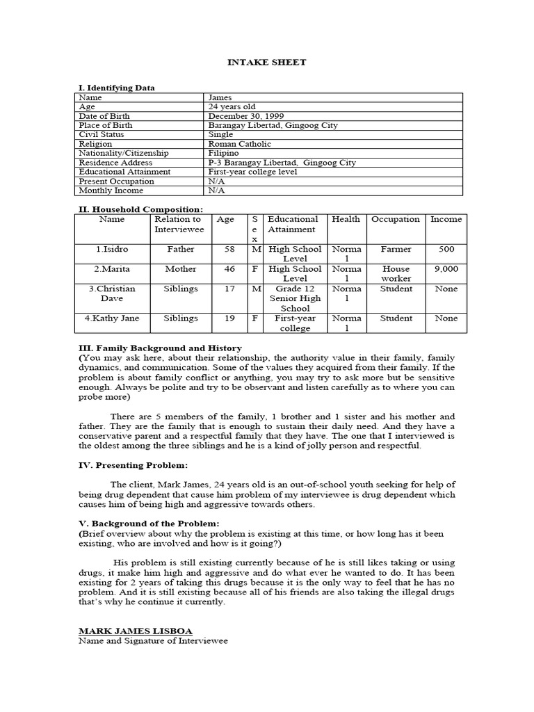 Intake Sheet Bangot | PDF | Social Psychology | Behavioural Sciences