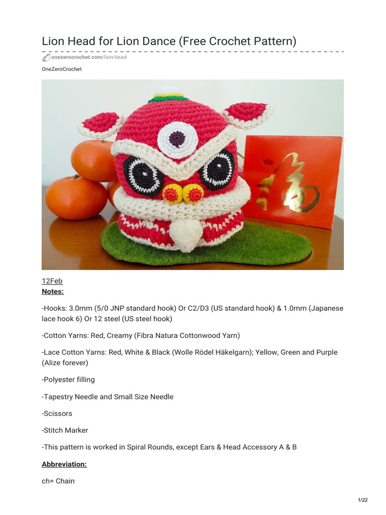 Lion Head For Lion Dance Crochet Pattern | PDF | Crochet | Textile Arts