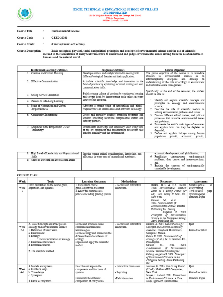 Course Syllabus in Environmental Science | PDF | Ecology | Ecosystem