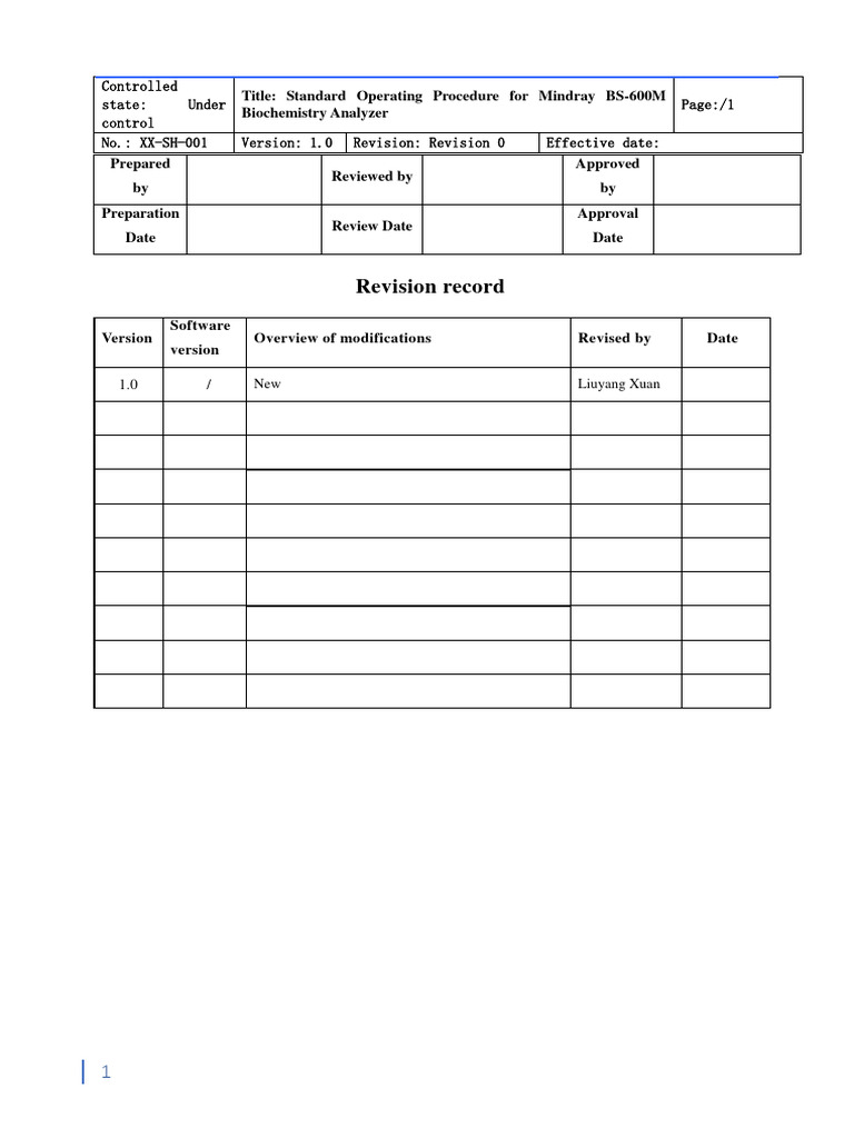 Standard Operating Procedure of Mindray BS-600M Biochemistry Analyzer ...