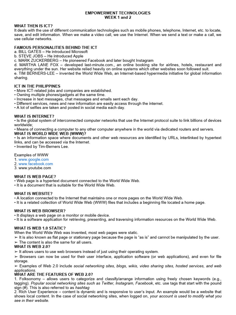 EMPOWERWENT TECHNOLOGIES Week 1 and 2 | PDF | World Wide Web | Internet & Web