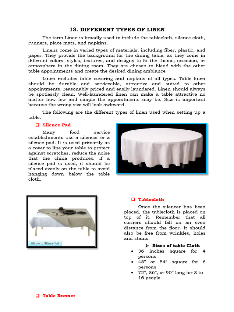 Types of Dining Linen Explained | PDF | Linens | Tableware