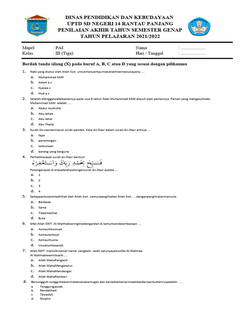 Soal Pas Pai Kelas 3 RTP | PDF