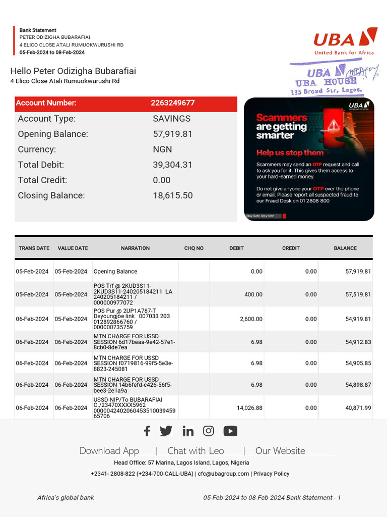 Bank Statement For Peter Odizigha Bubarafiai, UBA Group | Download Free ...