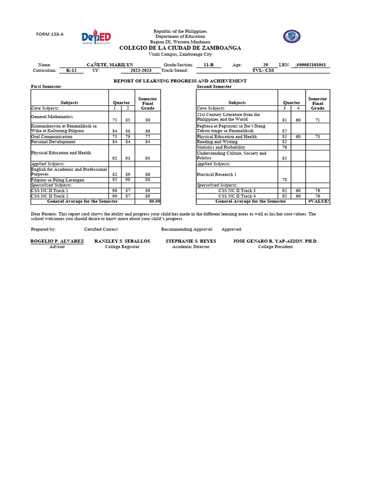 Student Report Card for SY 2022-2023 | PDF