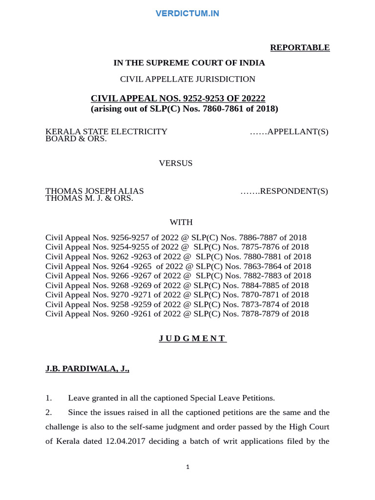 Kerala State Electricity Board v. Thomas Joseph Alias Thomas M J | Download Free PDF | Judgment ...