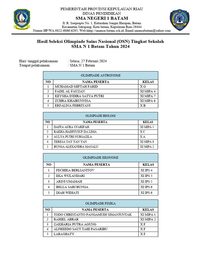 Pengumuman Hasil Seleksi OSN-S 2024 | PDF