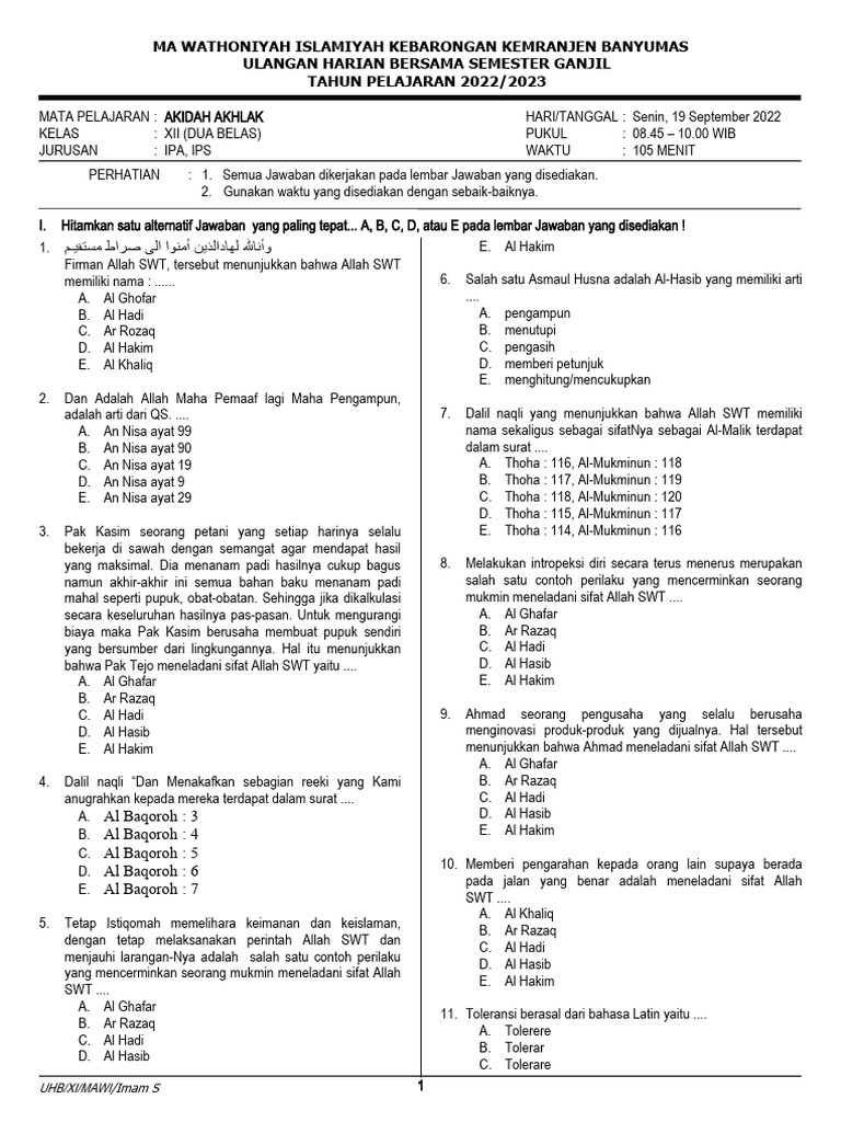 Soal Uhb Akidah Akhlak Kelas 12 - Final | PDF