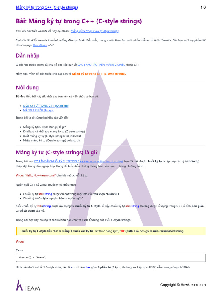 HOWKTEAM.vn - Mảng Ký Tự Trong C++ (C-style Strings) | PDF