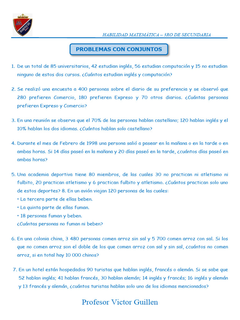 Problemas Con Conjuntos - 3ro | PDF