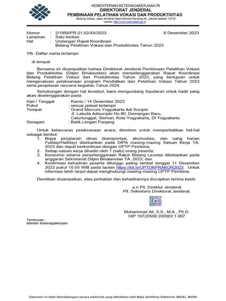 Undangan Rapat Koordinasi Vokasi 2023 | PDF