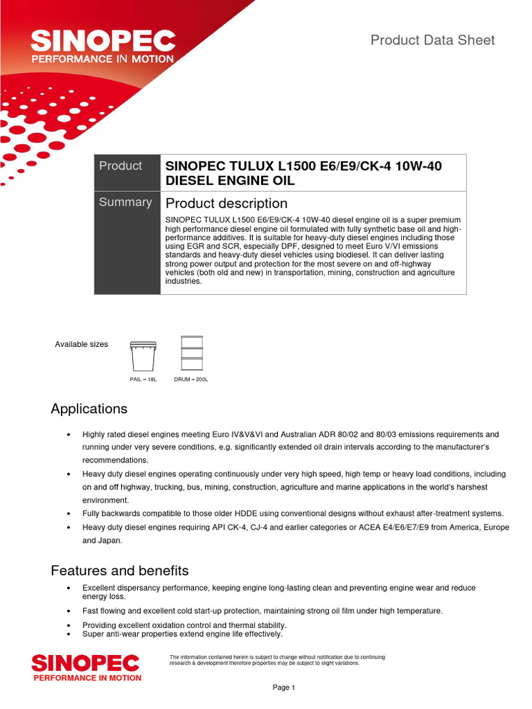 SINOPEC TULUX L1500 10W-40 Diesel Oil | PDF | Motor Oil | Physical Sciences