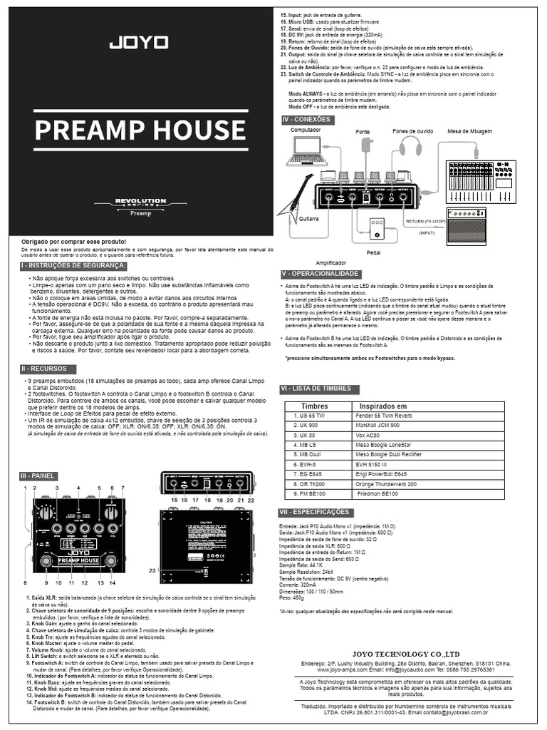 Manual do Usuário Joyo Preamp House | PDF | Diodo emissor de luz ...