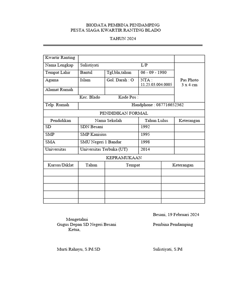 Form A 02 Biodata Pembina Pendamping LT | PDF