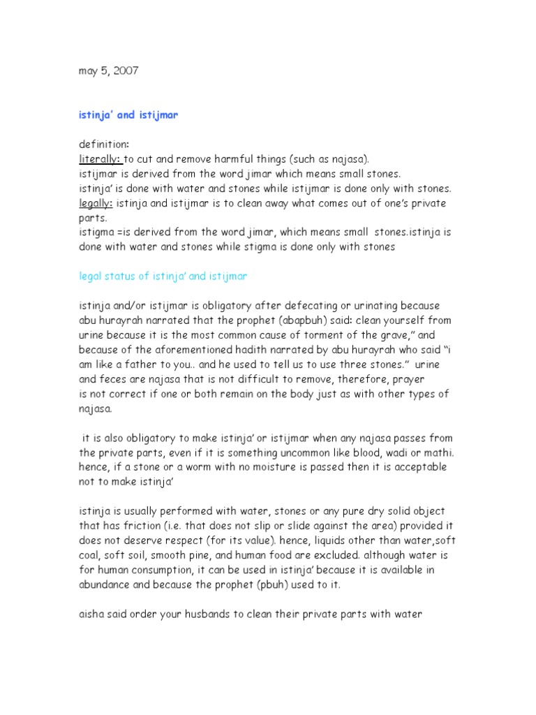Understanding Istinja and Istijmar | PDF | Water | Qur'an