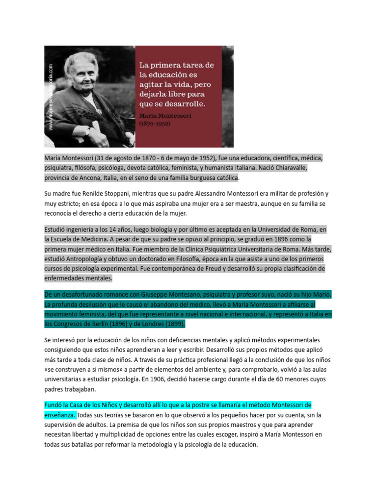 Biografia de Maria Montessori | PDF | Sicología | Science