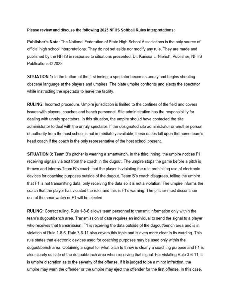 2023 NFHS Softball Rule Interpretations | PDF | Justice | Crime & Violence