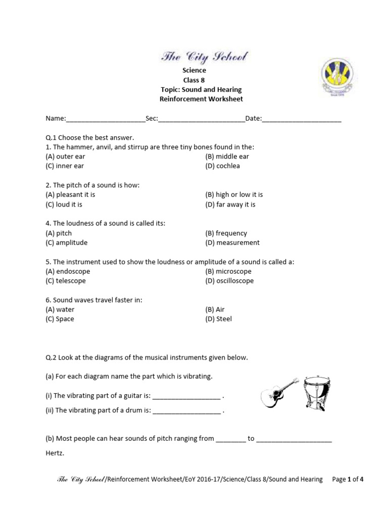Class 8 Science: Sound and Hearing Worksheet | PDF | Sound | Pitch (Music)