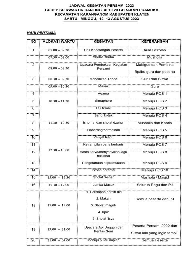 Jadwal Kegiatan Persami SD 2023 | PDF