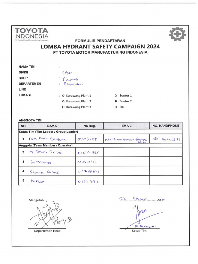 Form Pendaftaran Casting Kyt, Apar, Hydrant, Sga, VR, Champion | PDF