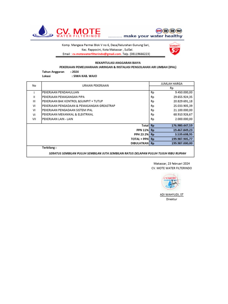 RAB Pemeliharaan IPAL RSUD Siwa 2024 | PDF