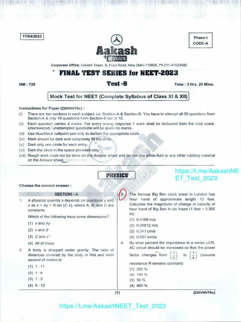 FTS - 09 (Code A) - @aakash - Test - Papers - 2023 | PDF | Technology ...