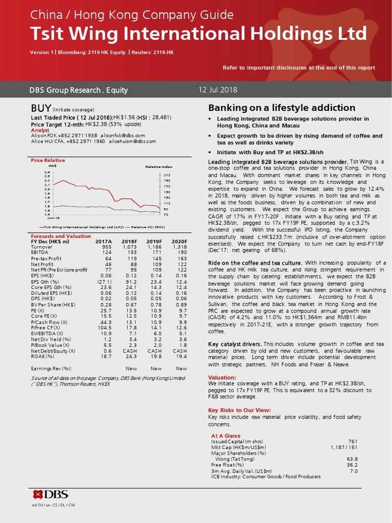DBS - Tsit Wing (2119 HK) - Initation_20180712 | PDF | Coffee | Tea