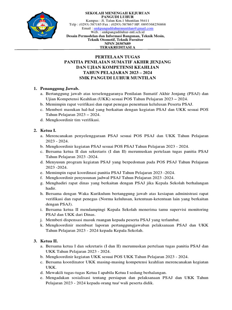 Pertelaan Tugas Panitia PSAJ Dan UKK 2023-2024 | PDF
