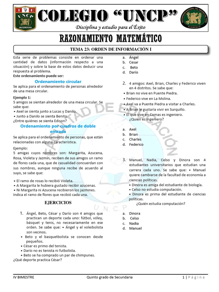5to - 23 - Razonamiento Matematico - Orden de Informacion I | PDF