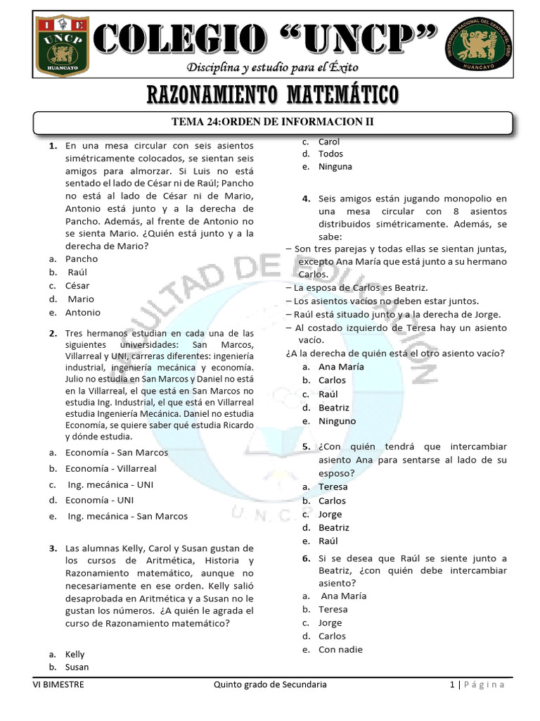 5to - 24 - Razonamiento Matematico - Orden de Informacion Ii | PDF