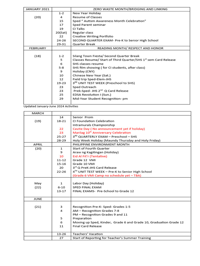 Cavite Institute-SCHOOL-CALENDAR | PDF | Observances