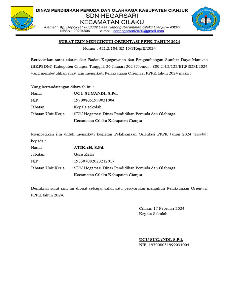 Surat Ijin Mengikuti Orientasi PPPK Tahun 2024 | PDF