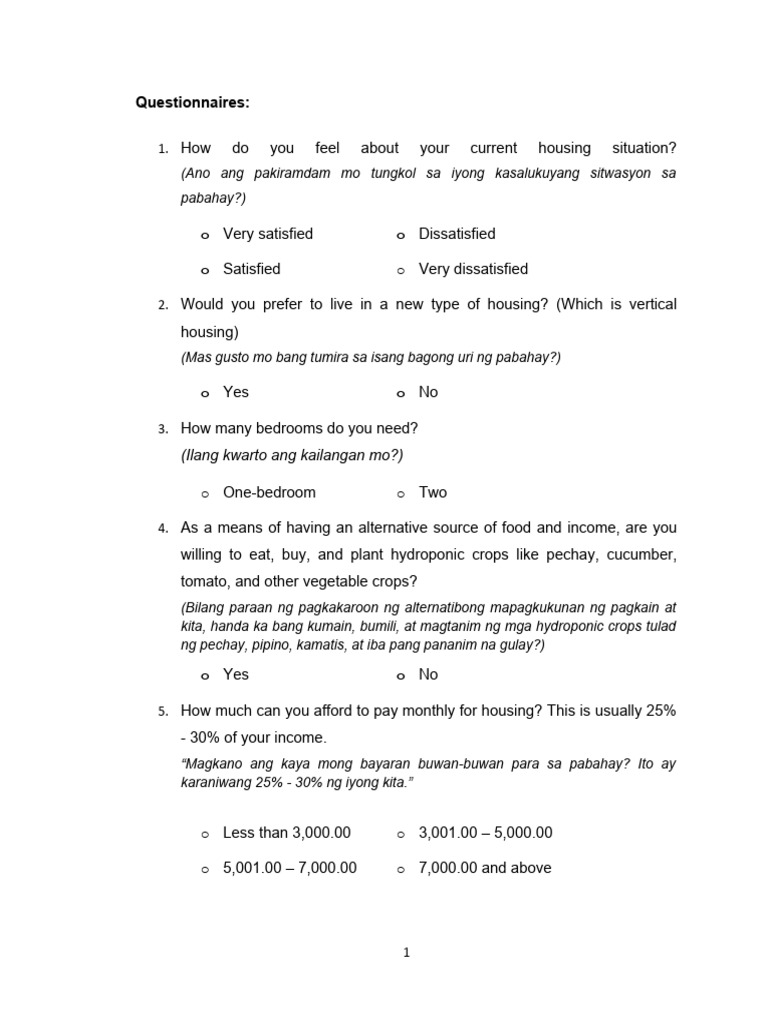 Housing Thesis Questionnaire | PDF