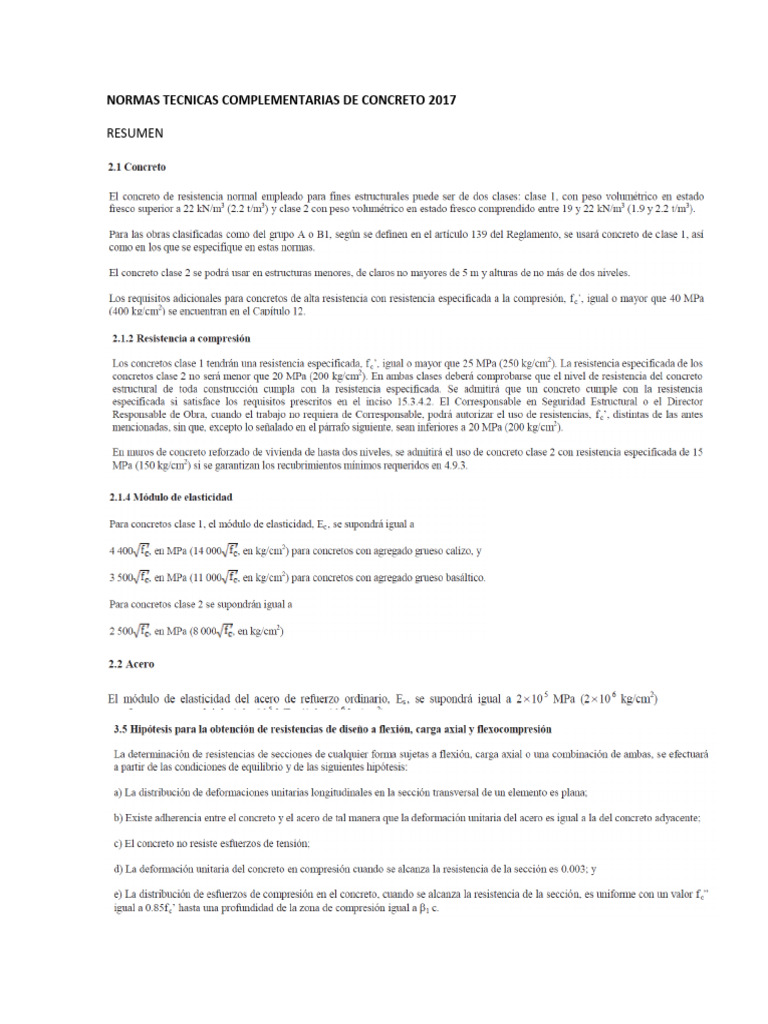 Resumen Normas Tecnicas Complementarias de Concreto 2017 Rev 1 | PDF