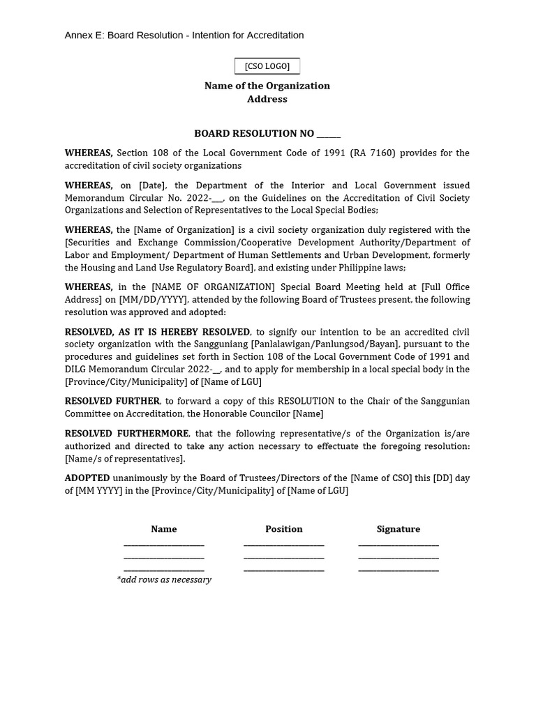 Annex E CSO Board Resolution | PDF | Governance | Government